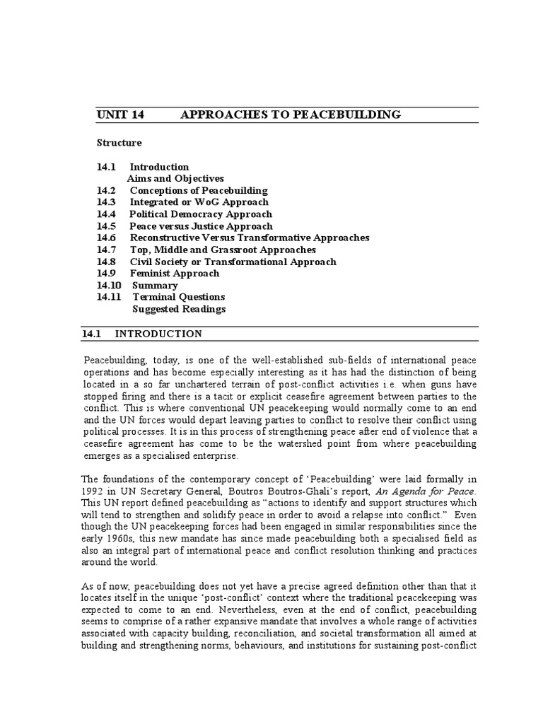 Unit 14 Approaches To Peacebuilding | PDF | Peacebuilding | Peacekeeping