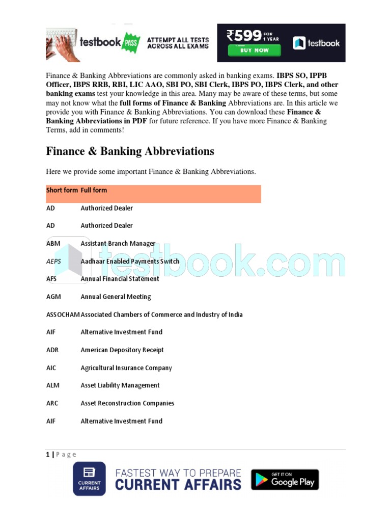Finance & Banking Abbreviations: Short Form Full Form | PDF | Foreign ...