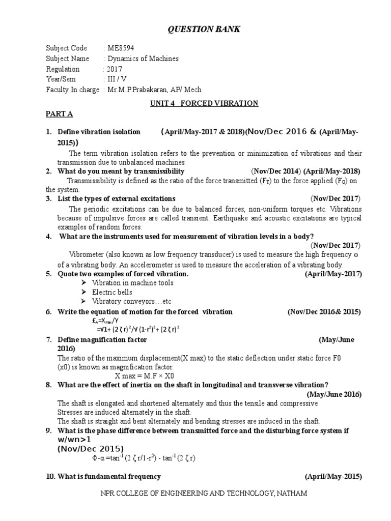 Question Bank: £ =X /Y =√1+ (2 ζ r) /√ (1-r) + (2 ζ r) | Download Free ...