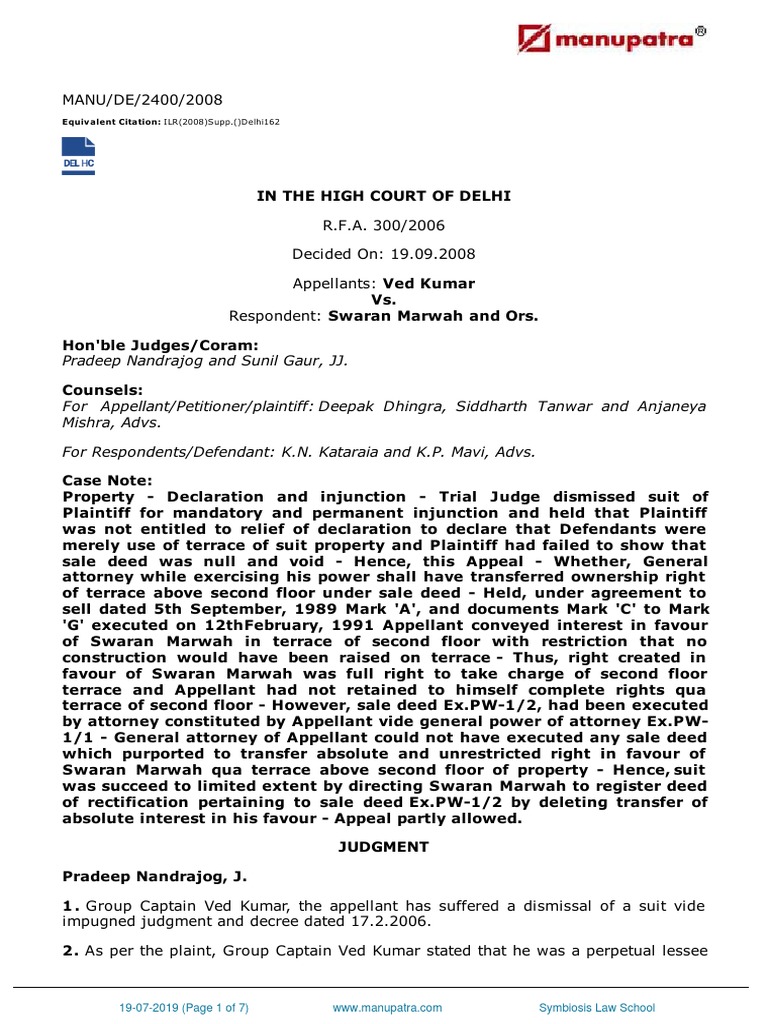 Ved Kumar Vs Swaran Marwah and Ors 19092008 DELHCD082345COM14090 | PDF ...