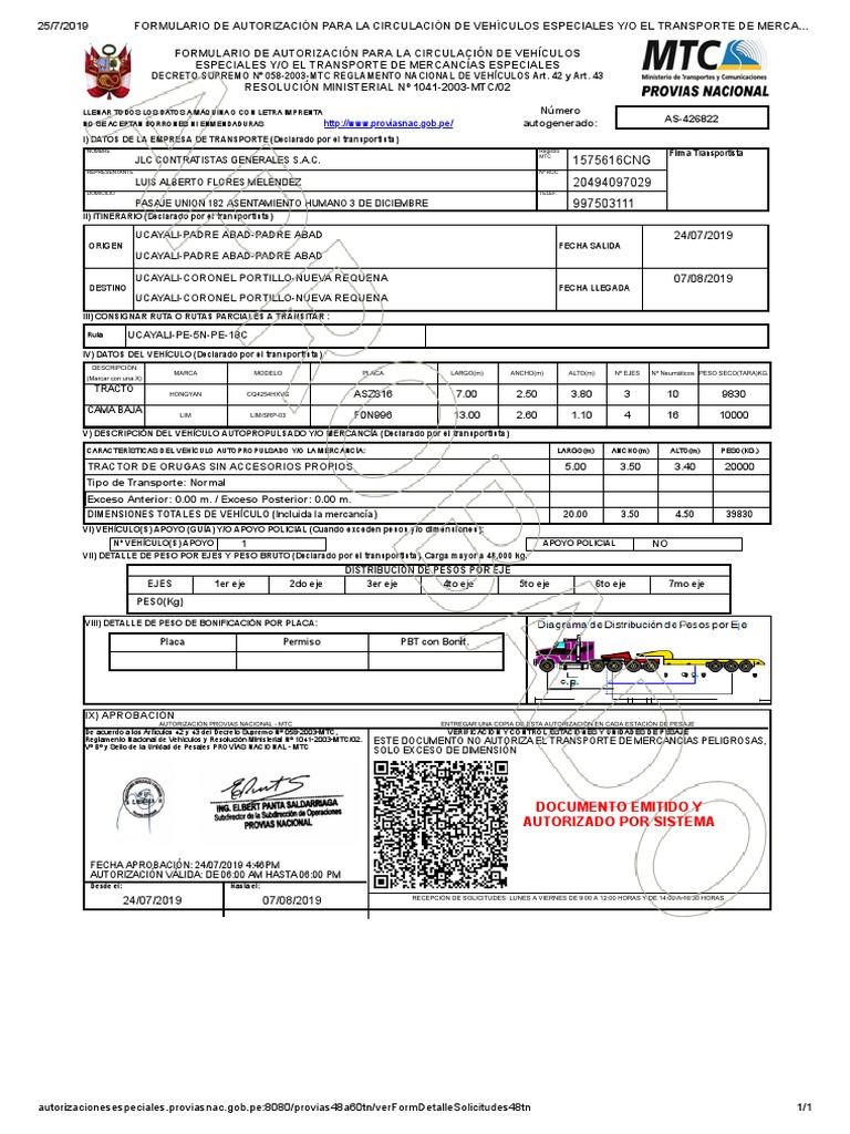 Formulario de Autorización para La Circulación de Vehículos Especiales ...