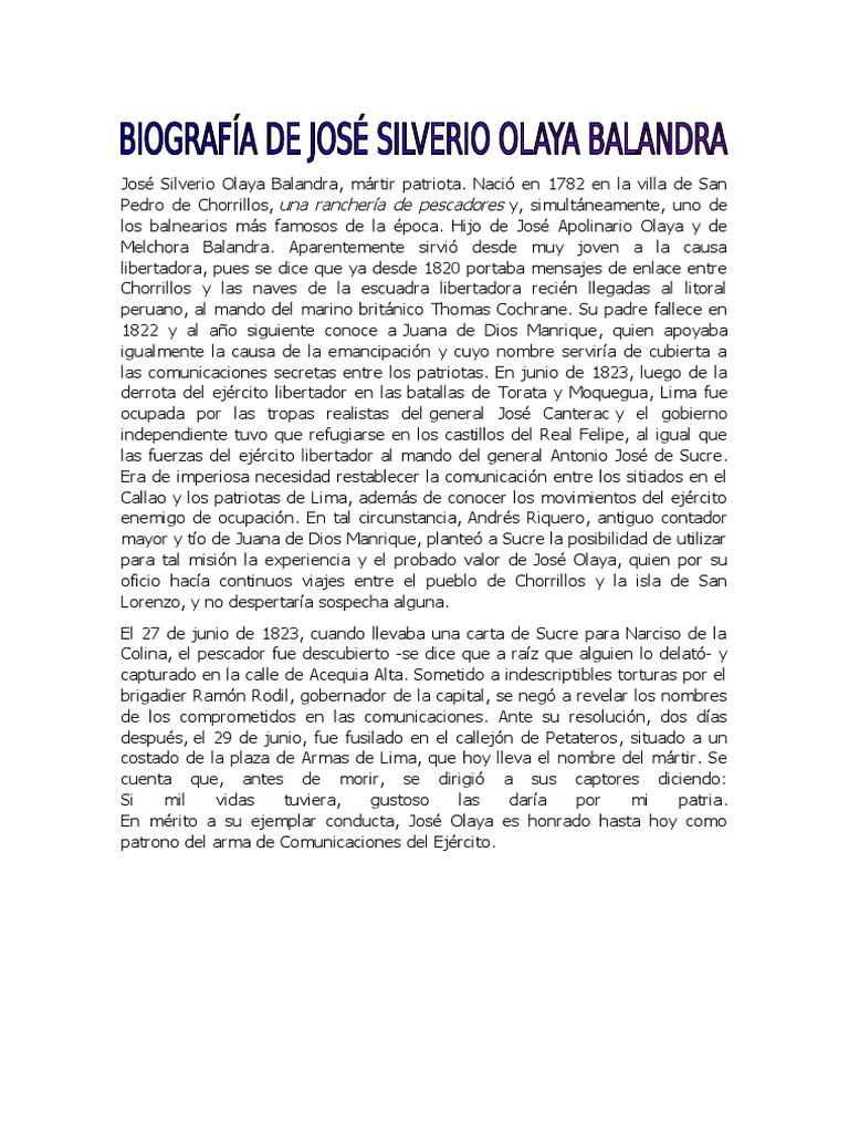 Biografía de José Silverio Olaya Balandra | PDF | América del Sur | Perú