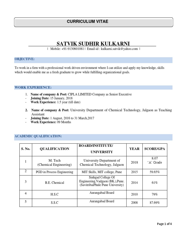Satvik Sudhir Kulkarni: Curriculum Vitae | PDF | Distillation | Chemical Reactor