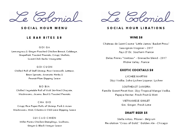 Le Colonial Social Hour Menu