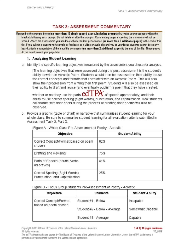 Task 3 Assessment Commentary | PDF | Educational Assessment | Pedagogy