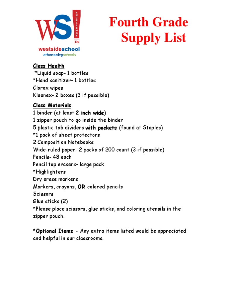 Fourth Grade Supply List: Class Health | PDF
