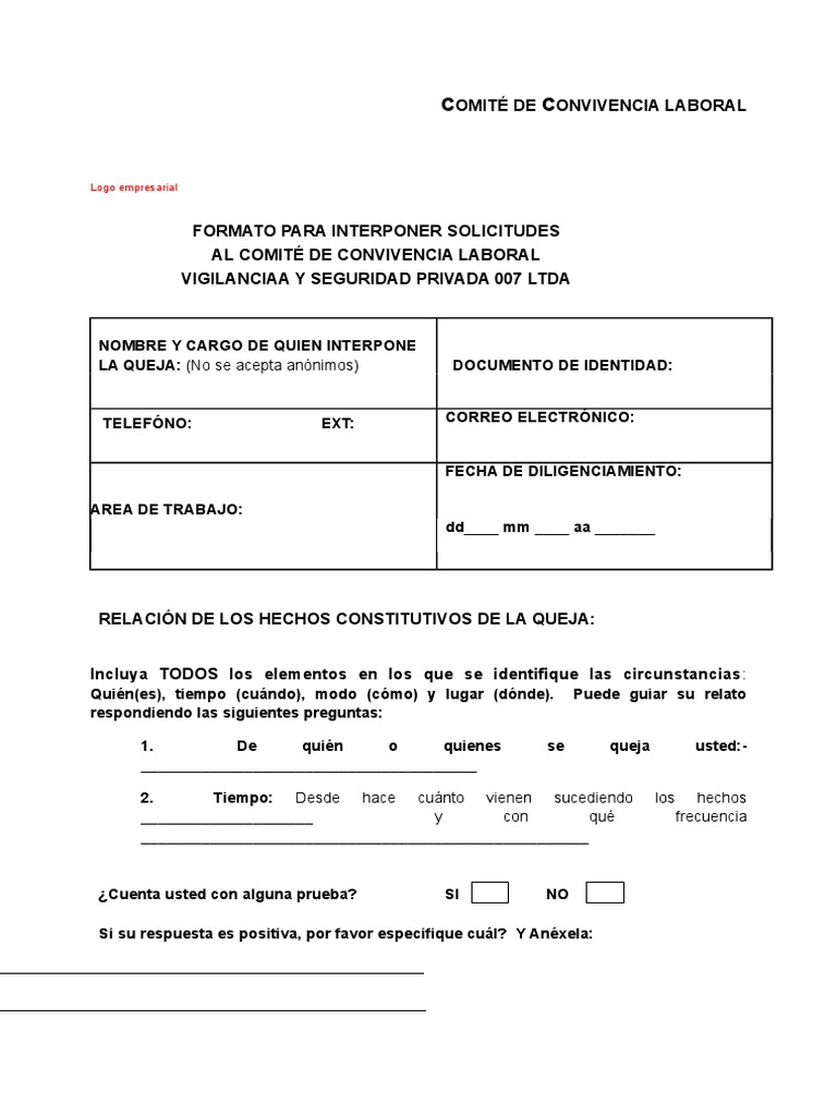 Formato Queja Comite de Convivencia Laboral | PDF | Violencia | Justicia