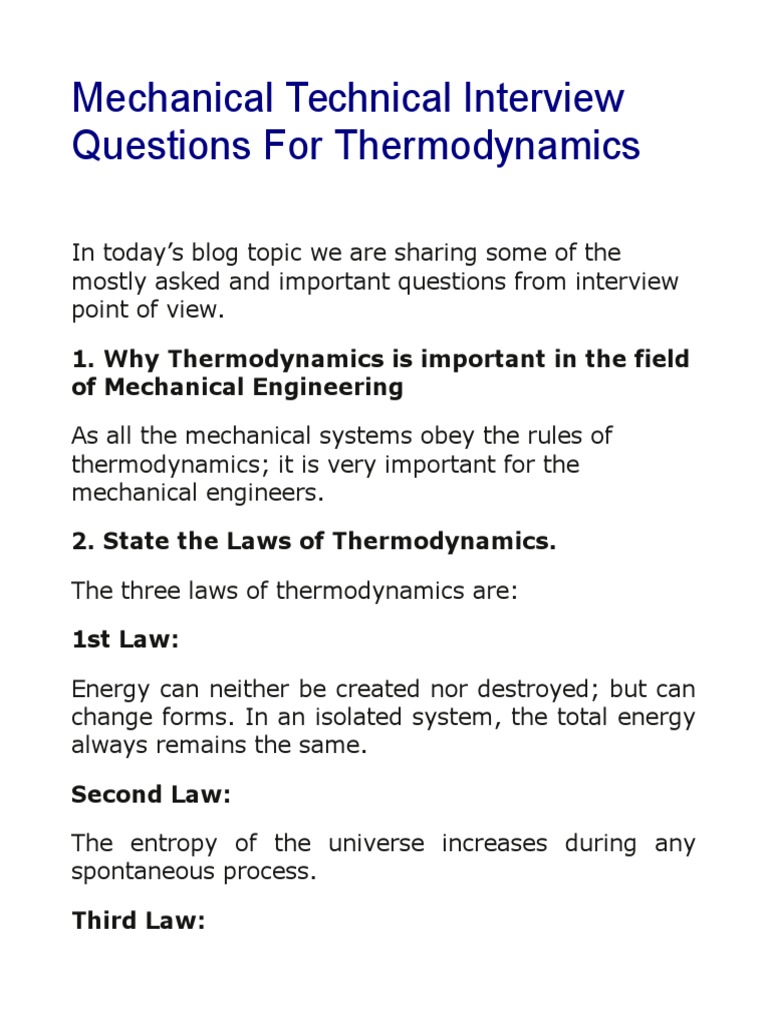 Mechanical Technical Interview Questions For Thermodynamics | PDF | Temperature | Thermodynamics