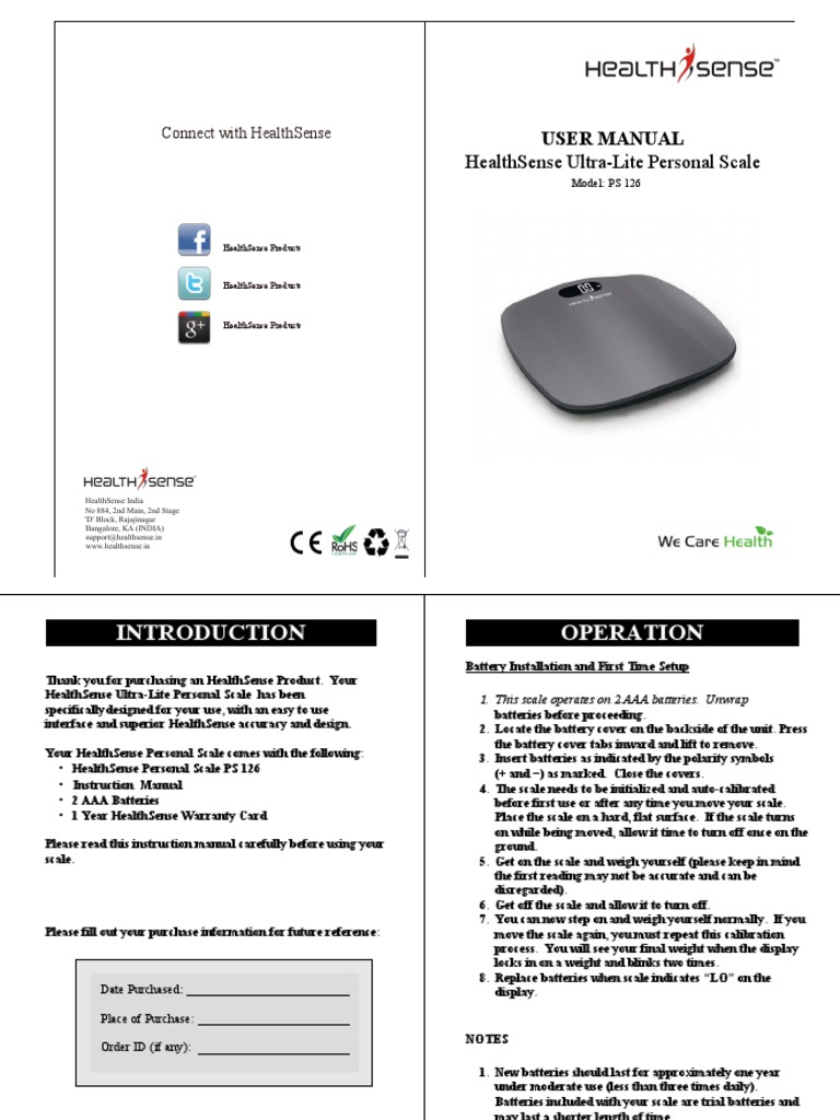 HealthSense PS 126 Scale User Manual | PDF | Weighing Scale | Weight