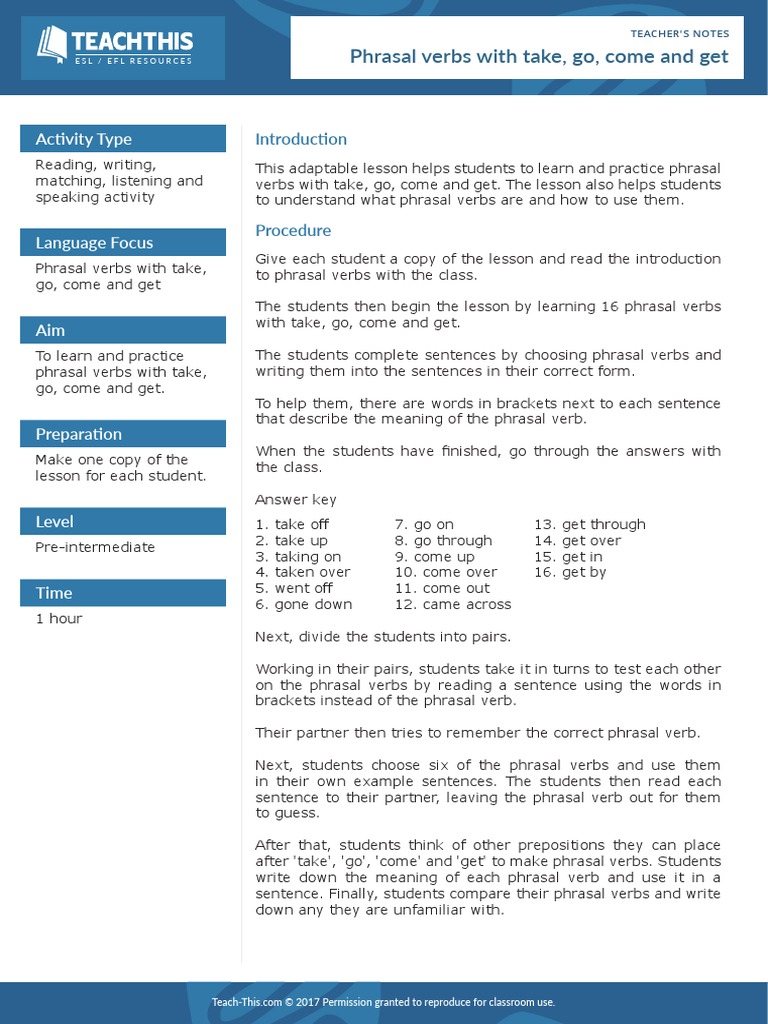 Phrasal Verbs With Take Go Come Get | PDF | Phrase | English As A ...