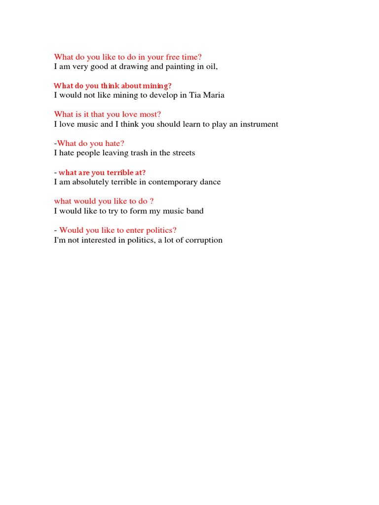 DIALOGO What Do You Like To Do in Your Free Time | PDF