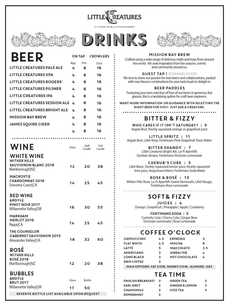Little Creatures Mission Bay Drinks Menu | Beer | Lemonade