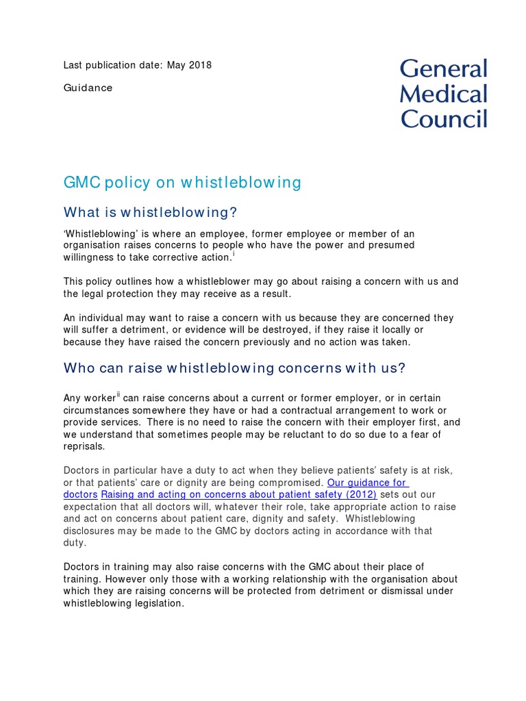 GMC Policy On Whistleblowing | PDF | Whistleblower | Applied Ethics