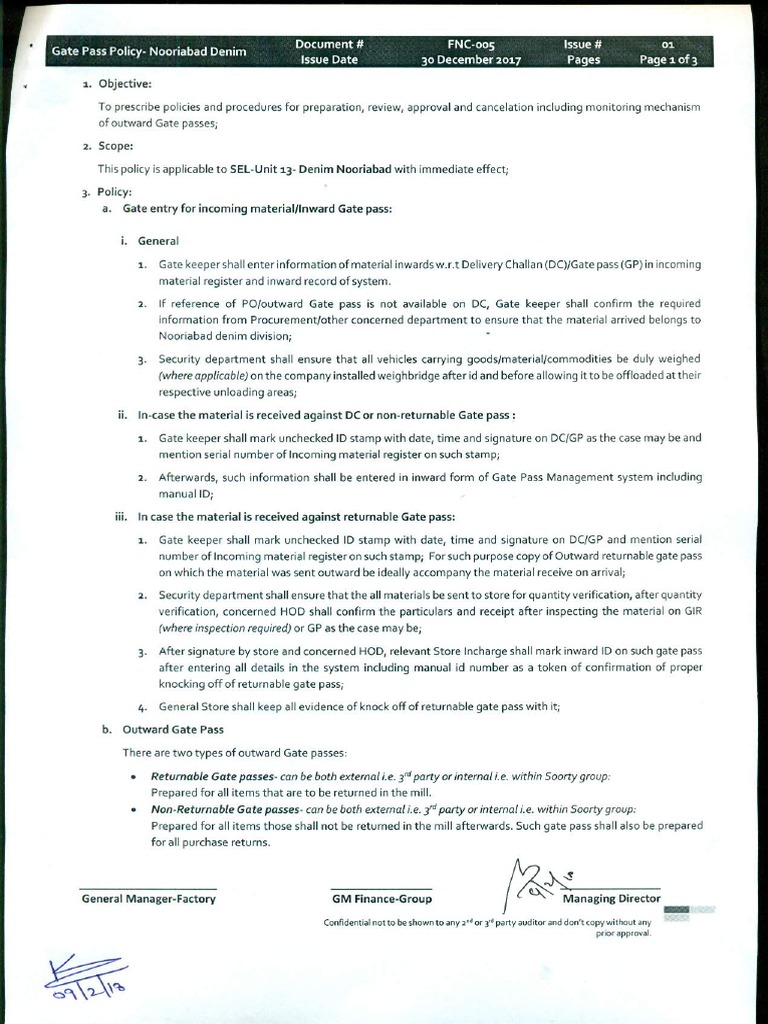 Gate Pass Policy PDF | PDF