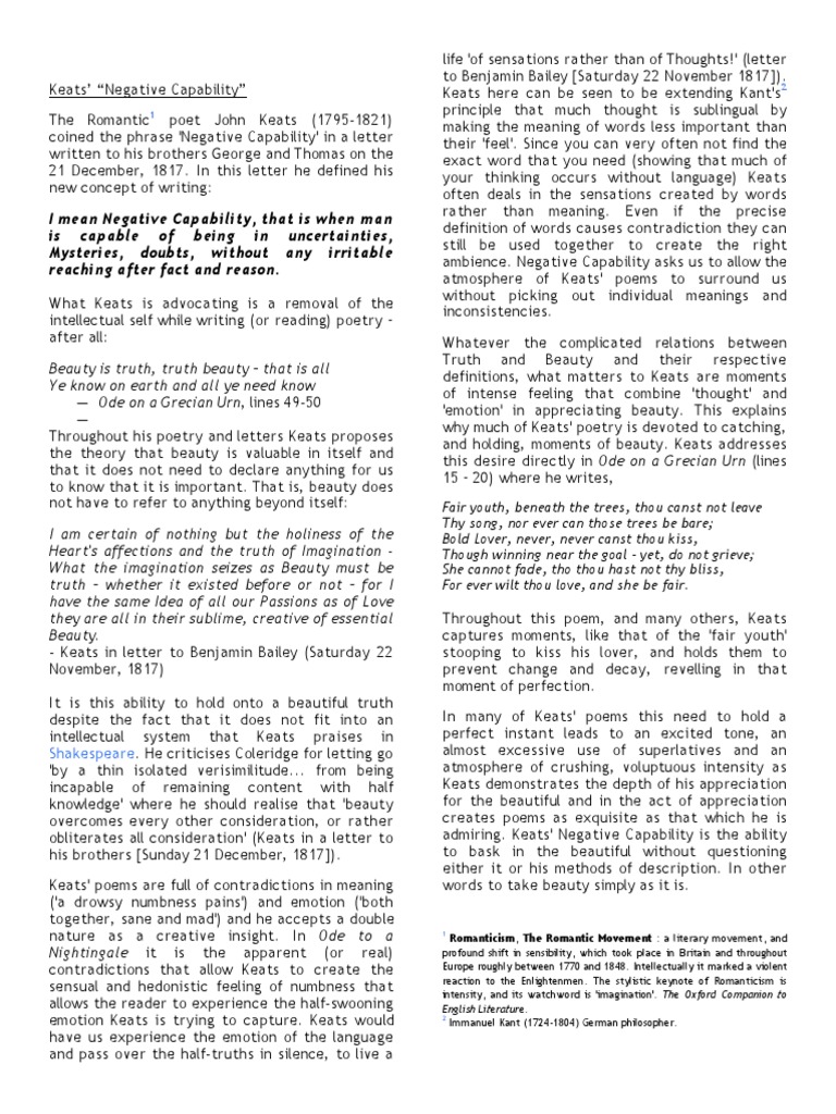 Keats' Concept of Negative Capability | PDF | John Keats | Philosophical Theories