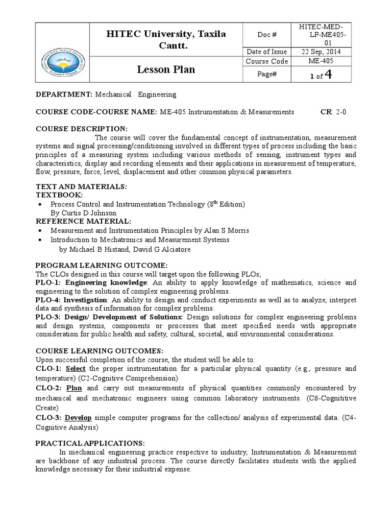 Instrumentation Measurement Lesson Plan | Download Free PDF ...
