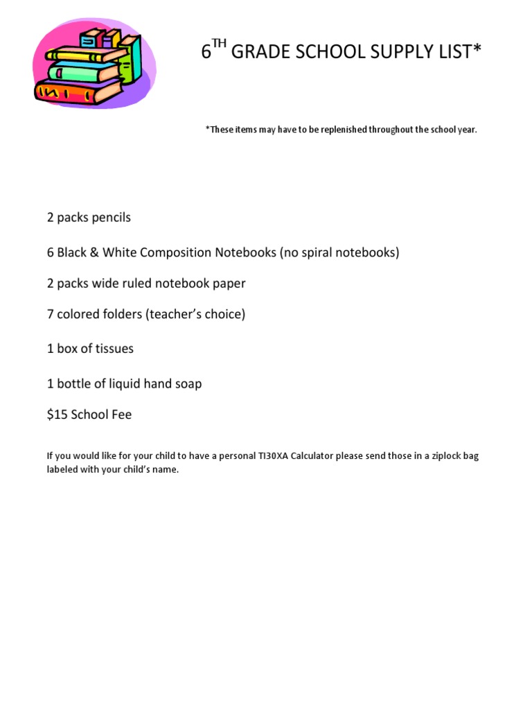 6th Grade School Supply List 2023 | PDF