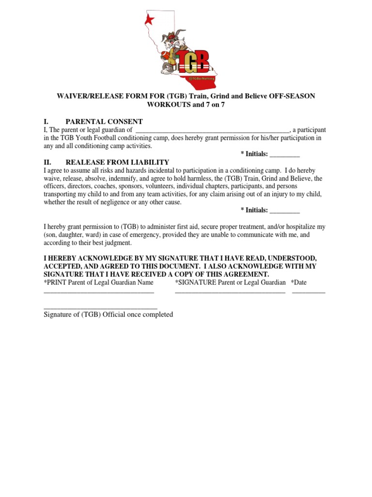 WAIVER/RELEASE FORM FOR (TGB) Train, Grind and Believe OFF-SEASON ...