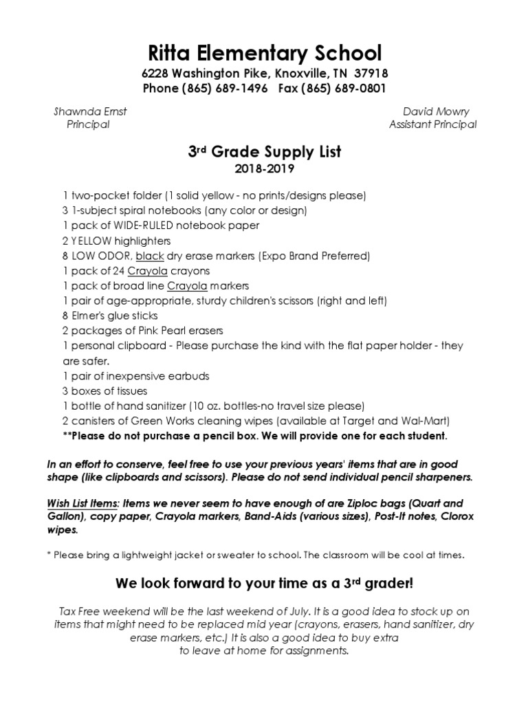 Ritta Elementary 3rd Grade Supply List | PDF