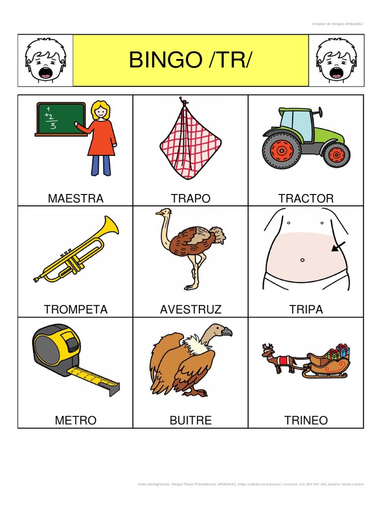 Bingo de palabras con "tra", "tre", "tri", "tro", "tru" | PDF
