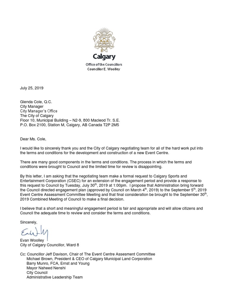 Event Centre Letter To City Manager July 25, 2019 | PDF