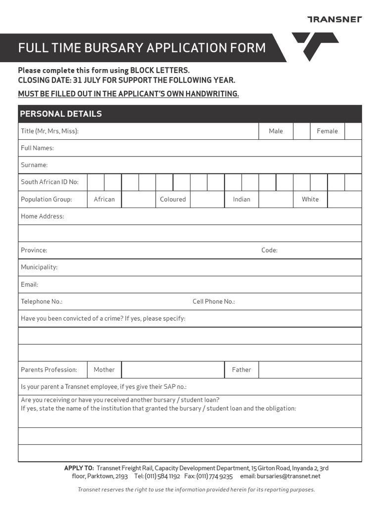 Full Time Bursary Application Form: Personal Details | PDF | Learning