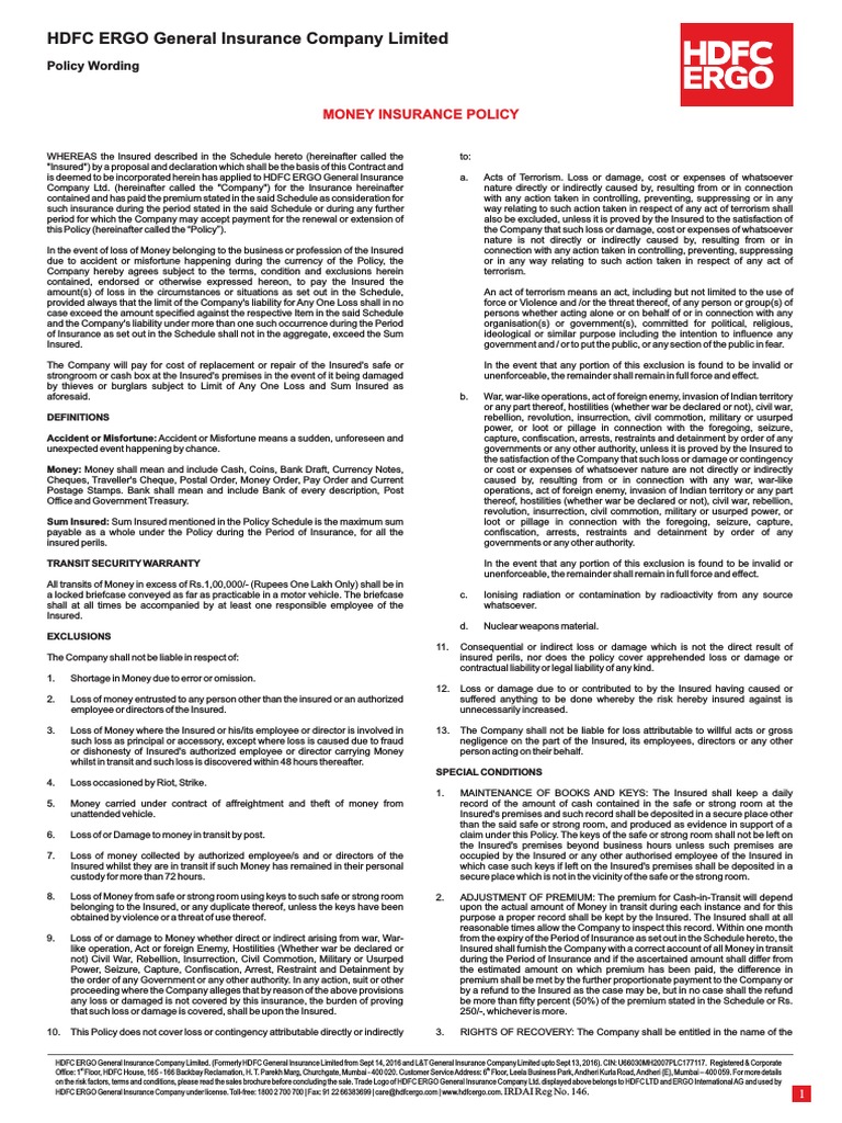 Money Insurance WidoutClauses - General Insurance - HDFC Ergo Policy ...