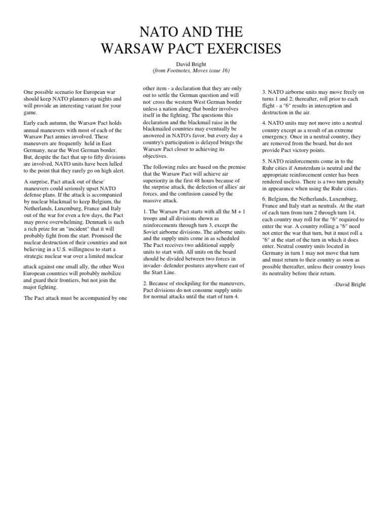 Nato and The Warsaw Pact Exercises: (From Footnotes, Moves Issue 16 ...