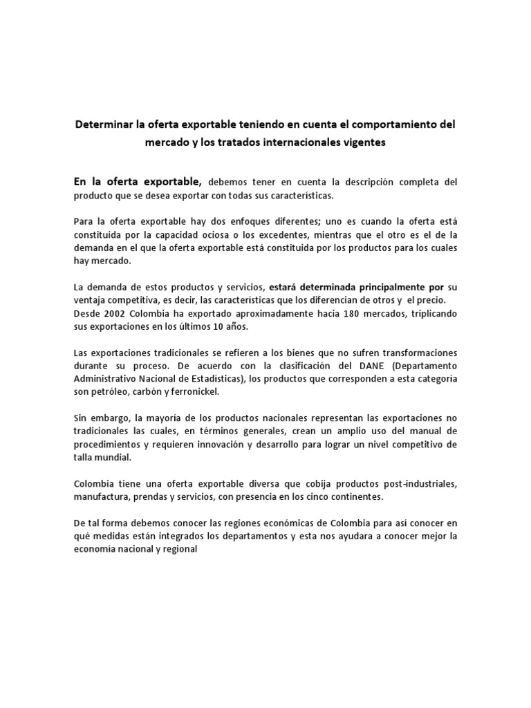 Determinar La Oferta Exportable Teniendo en Cuenta El Comportamiento ...
