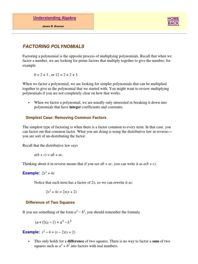 Factoring Polynomials: Understanding Algebra Home Back | PDF ...