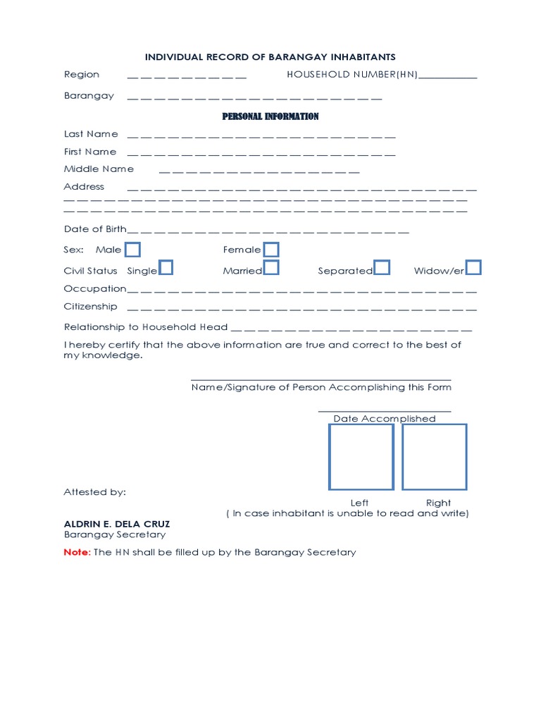 Individual Record of Barangay Inhabitants | PDF