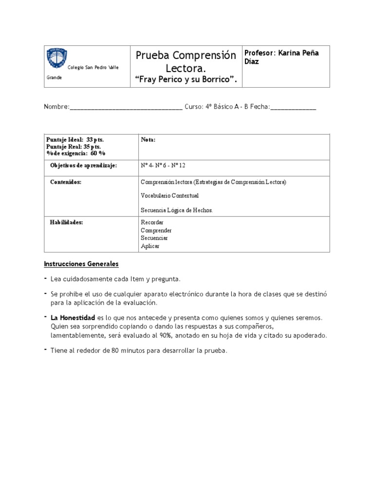 Prueba de Comprensión Lectora 4º Básico | PDF | Francisco de Asís ...