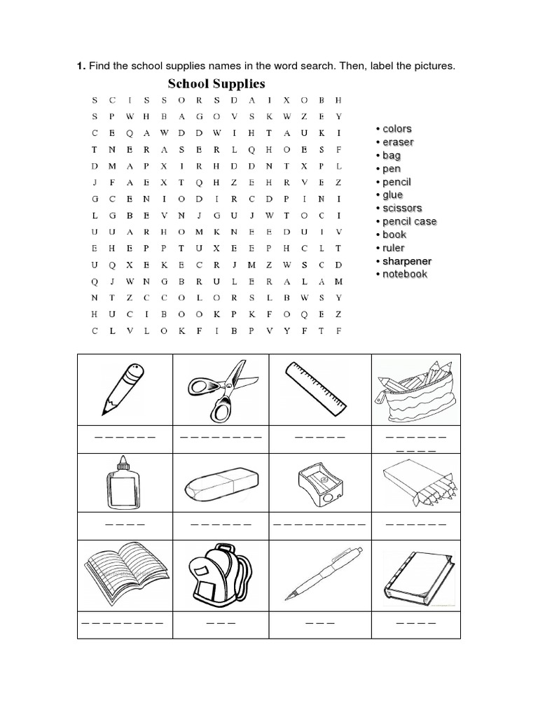 Find The School Supplies Names in The Word Search. Then, Label The ...