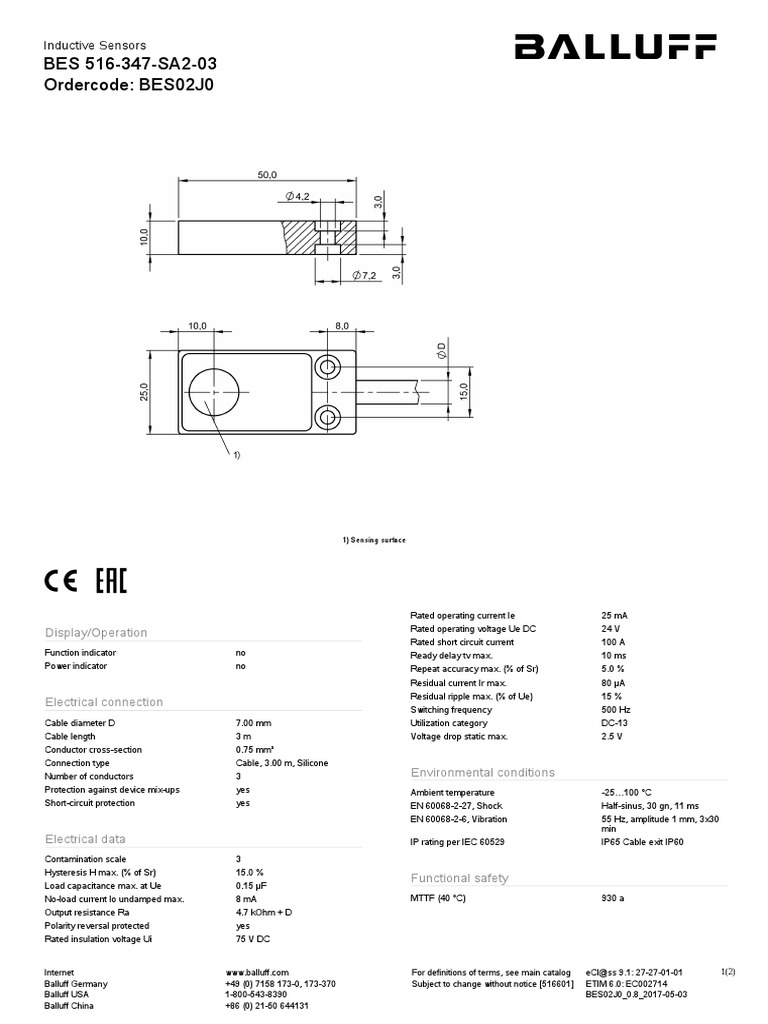 Balluff BES0217 Inductive Sensor Specs | PDF | Electrical Components ...