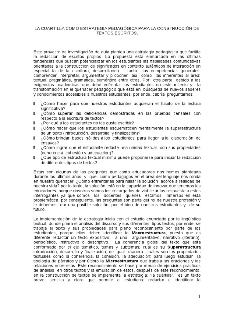 La Cuartilla: Estrategia para La Escritura | PDF | Aprendizaje ...