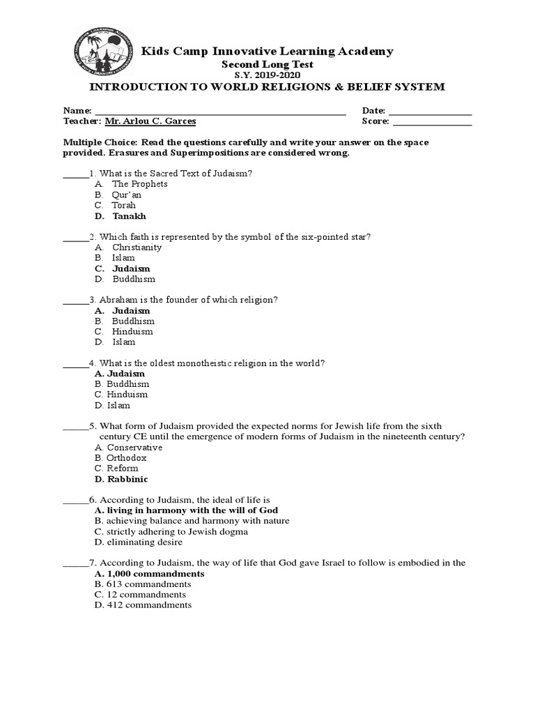 World Religions Test: Judaism Focus | PDF | Catholic Church | Jews