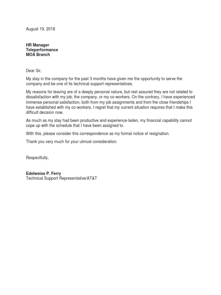 HR Manager Resignation Letter 3 Months Teleperformance MOA Branch | PDF