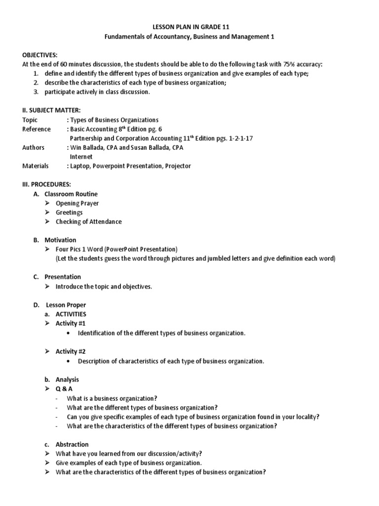 Lesson Plan in Grade 11-Fundamentals of Abm-1b | PDF | Lesson Plan ...