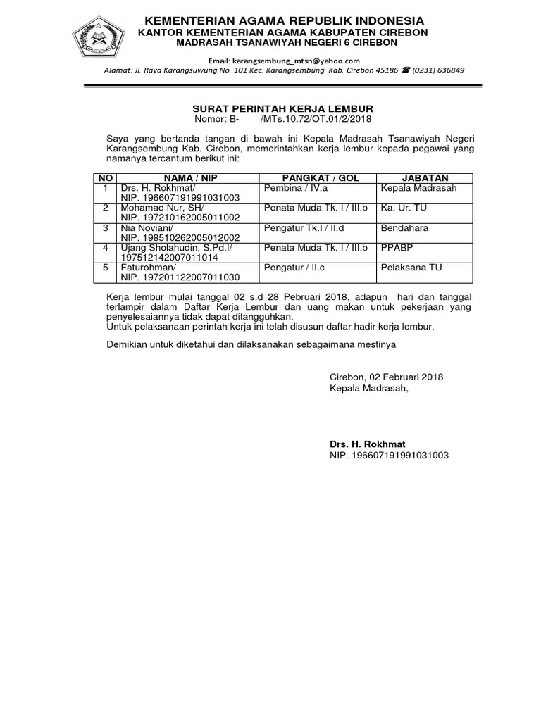 Surat Perintah Kerja Lembur PNS | PDF