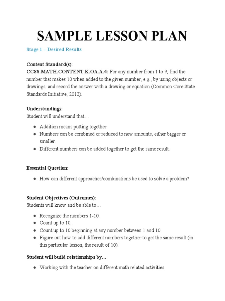 Sample Lesson Plan: Stage 1 - Desired Results | PDF | Lesson Plan ...