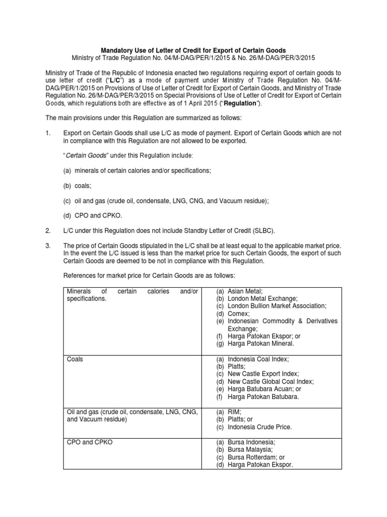 Mandatory Use of Letter of Credit For Export of Certain Goods MOT Reg ...