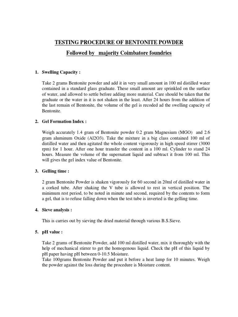 Testing Procedure Of Bentonite Powder Pdf Pdf Solution Distillation