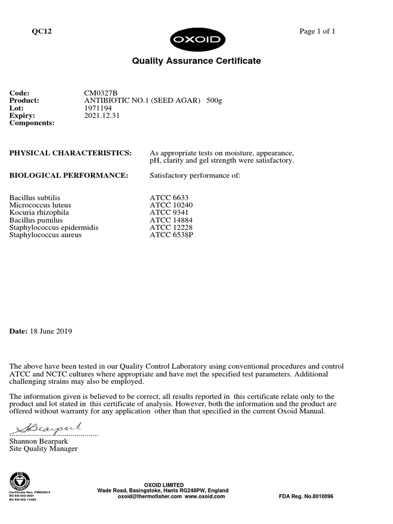 Quality Assurance Certificate: Oxoid Limited Wade Road, Basingstoke ...
