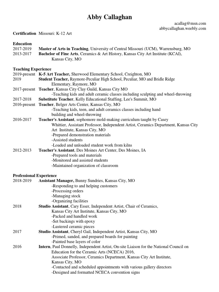 Abby Callaghan Full Resume 2019 | PDF | Iowa | Crafts