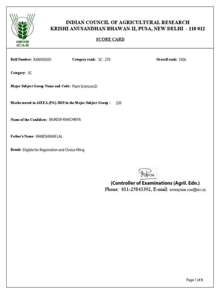 Icar Score Card 191110023565 8375373 | PDF | University And College ...