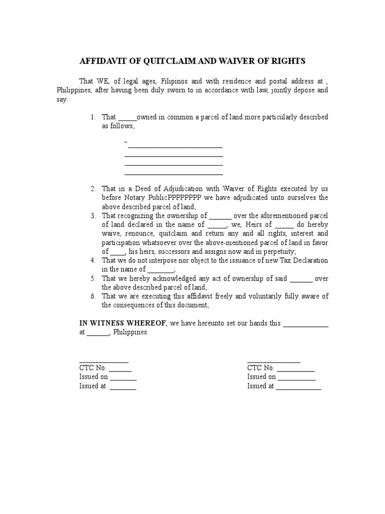 Sample Affidavit of Quitclaim | PDF | Affidavit | Common Law