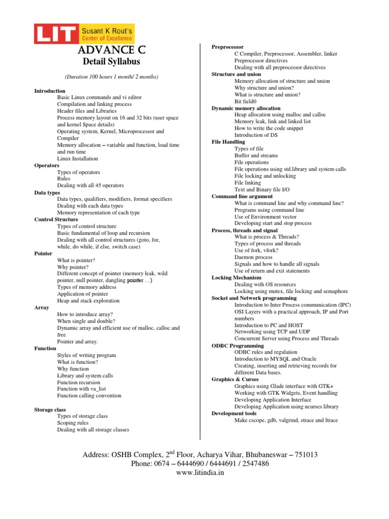 Advance C: Detail Syllabus | PDF | Pointer (Computer Programming) | C ...