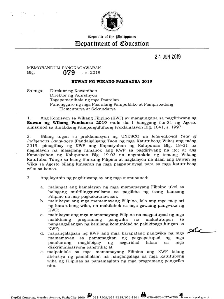 Buwan NG Wika 2019 - DepEd Memo PDF | PDF