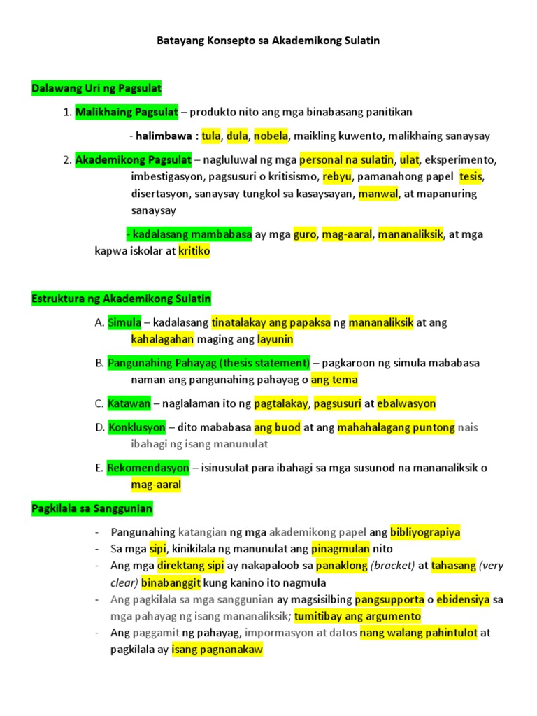 Batayang Konsepto Sa Akademikong Sulatin Filipino 1