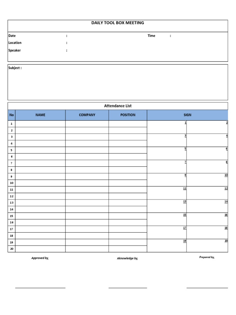 Daily Toolbox Meeting Attendance List | PDF
